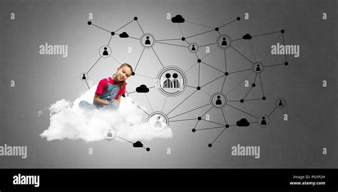 Cute Smiling Girl Sitting On Cloud Presenting Social Connection Concept