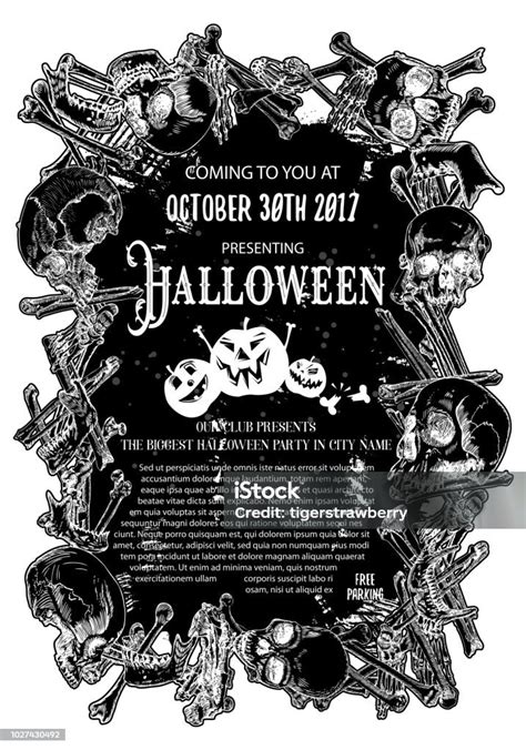 그려진된 독성과 스릴러 할로윈 축 하 카드와 자체 하 고 무서운 인간 두개골과 뼈대 부품 Flayer 손 할로윈 포스터와 배너 장식 배경 벡터입니다 10월에 대한 스톡 벡터