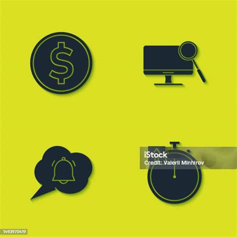 달러 스톱워치 말풍선 채팅 알림 및 컴퓨터 모니터 진단 아이콘으로 코인 돈을 설정합니다 벡터 0명에 대한 스톡 벡터 아트 및 기타 이미지 Istock