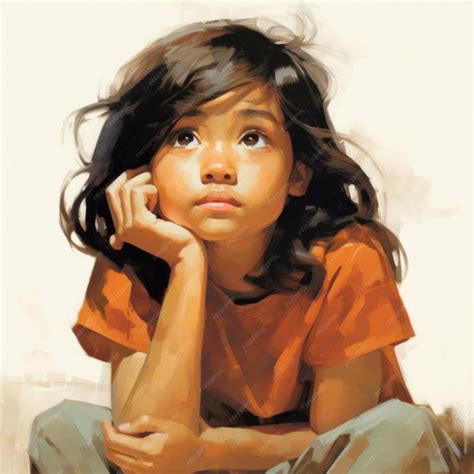 Chica Asiática Pensando Y Dudando Ilustración Pintada Al óleo Personaje De Mujer Joven Con