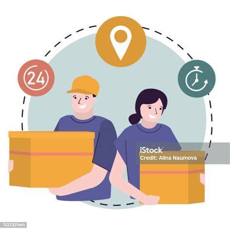 골판지 상자를 들고 있는 택배기사 두 명 고객에게 주문을 전달하는 남자와 여자 소포가 있는 배달인 24 시간 영업 표시에 대한 스톡 벡터 아트 및 기타 이미지 Istock