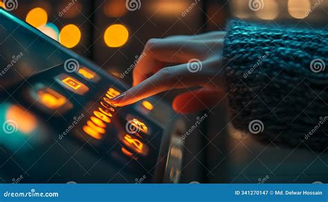 Hand Tapping Illuminated Touchscreen Interface In Dark Environment Stock Illustration