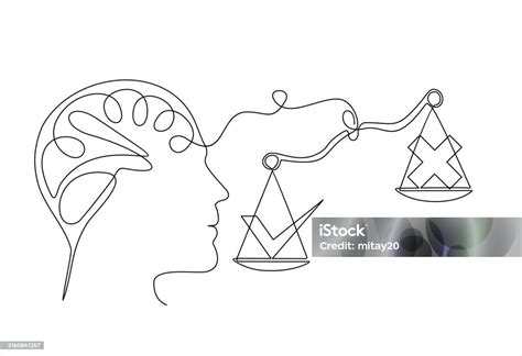 선택 딜레마 예 또는 아니오에 대해 생각하는 것에 대해 생각하는 인간의 머리와 뇌의 연속적이고 양식화 된 현대 그림 배지 저울에