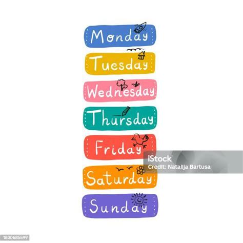 귀엽고 재미있는 손으로 쓴 요일 스티커 주간 플래너에 대한 요소 컬러풀하고 장난기 넘치는 요일 레터링 타이포그래피 세트 일일 정리용 글꼴 어린이용 다이어리 0명에 대한 스톡