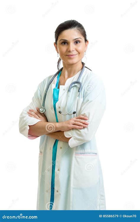 Portrait Of A Friendly Female Doctor On White Background Stock Image