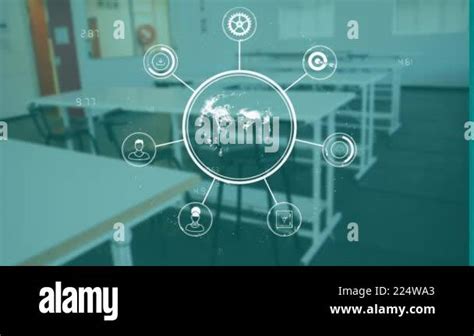 Animating Interconnected Icons Over Empty Classroom Background Technology Education Network