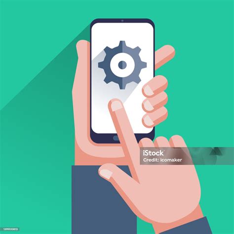 스마트폰 화면의 설정 핸드 홀딩 핸드폰 기어 아이콘 터치 사용자 Brand Name Smart Phone에 대한 스톡 벡터 아트 및 기타 이미지 Brand Name
