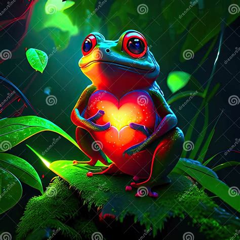 красная лягушка обнимавшая сердце красной лягушки на зеленом фоне в неоновом светогенеративном