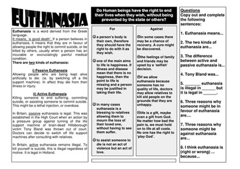 Euthanasia Work Sheet Teaching Resources