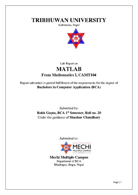 Matlab Report Page I Tribhuwan University Kathmandu Nepal Lab