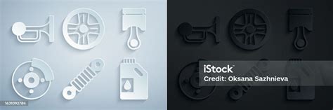 쇼크 업소버 엔진 피스톤 캘리퍼가 있는 자동차 브레이크 디스크 모터 오일용 캐니스터 알로이 휠 및 신호 경적 차량 아이콘을 설정합니다 벡터 3차원 형태에 대한 스톡 벡터