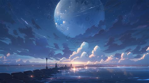 月光海面绝美风景表面空中插画图片 包图网