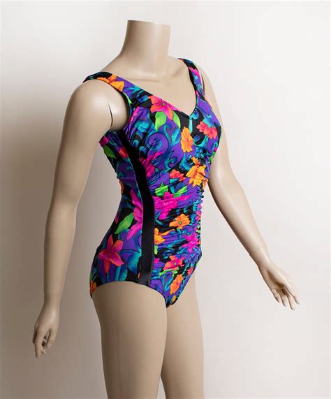 Vintage Floral Bathing Suit 1980s Colorful Neon Bright Flower Print