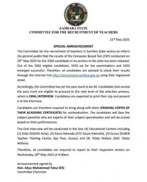 Zamfara State Releases 2025 Teacher Recruitment Cbt Results