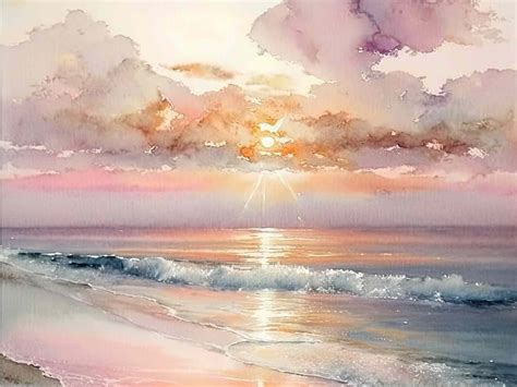 Pastel Beach Sunset Watercolor Print Tranquil Coastal Wall Art