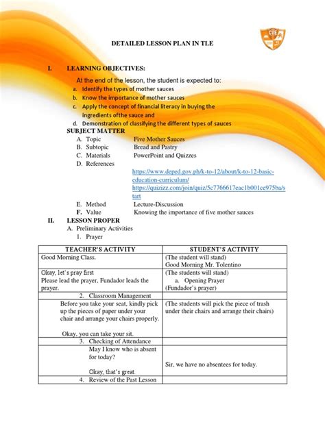 Detailed Lesson Plan In Tle 10 Pdf Sauce Food And Drink