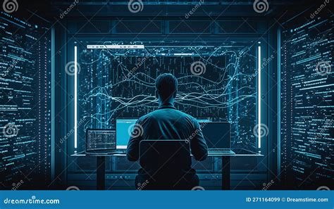 Businessman Sitting With A Computer Screen Blue Color Hacker Stock Illustration Illustration