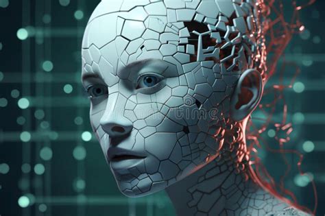 Face Of Female Android Bio Robot Close Portrait Concept Of