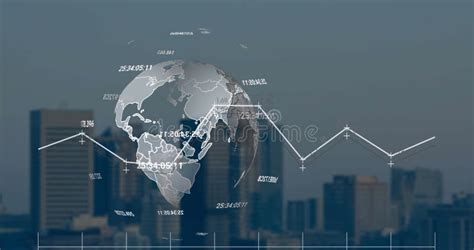 Image Of Statistical Data Processing And Numbers Over Spinning Globe Against Tall Buildings