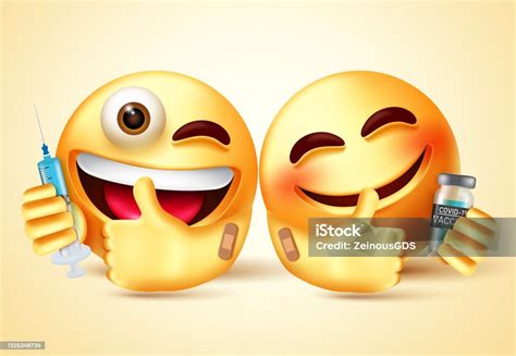 스마일리 코비드19 백신 벡터 배너 디자인 이모티콘 3d 코로나바이러스 예방 접종 이모티콘 건강 캠페인 디자인에 대한 행복하고 안전한 표현으로 문자 백신 접종 백신접종에