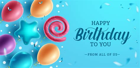 생일 인사말 벡터 배경 디자인 귀여운 생년월일 장식을위한 풍선 모양과 색종이 요소가있는 푸른 공간에서 텍스트로 생일 축하합니다 벡터 일러스트레이션 3차원 형태에 대한 스톡