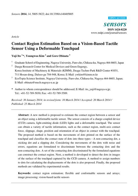 Pdf Contact Region Estimation Based On A Vision Based Tactile Sensor Using A Deformable Touchpad