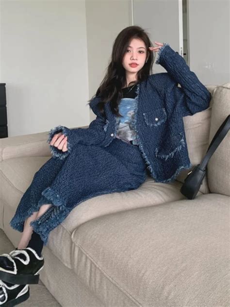 여성용 빈티지 술 투피스 세트 폴드 브이넥 재킷 및 미디 스커트 데님 앙상블 한국 스타일 봄 2 피스