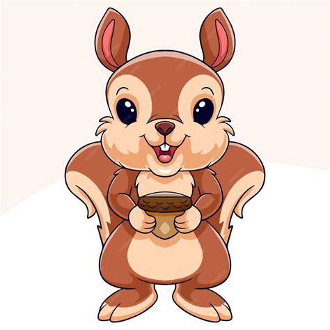 Premium Vector Little Happy Squirrel Cartoon Holding A Nut