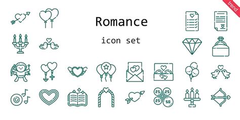 로맨스 아이콘 세트 라인 아이콘 스타일입니다 결혼 반지 커플 풍선 약혼 반지 풍선 꽃잎 심장 큐피드 결혼 계획 다이아몬드 로맨틱 음악 맞춤법 결혼식 아치 사랑 새와 같은