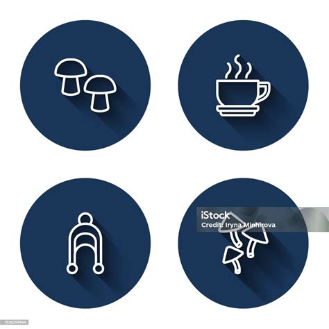 버섯 커피 컵 겨울 모자 및 긴 그림자를 설정하십시오 파란색 원 버튼입니다 벡터 가을에 대한 스톡 벡터 아트 및 기타 이미지 가을 개인 장식품 겨울 Istock