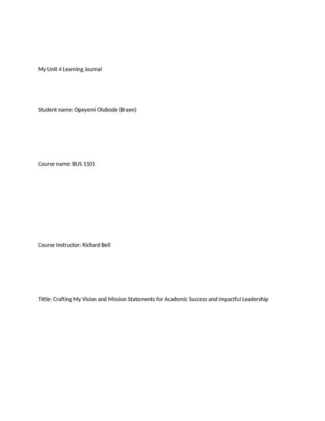 BUS 1101 Unit 4 Learning Journal Submission My Unit 4 Learning Journal Babe Name Opeyemi