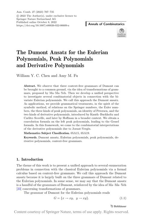 The Dumont Ansatz For The Eulerian Polynomials Peak Polynomials And Derivative Polynomials
