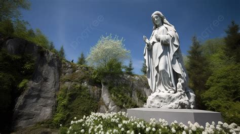 하얀 꽃으로 둘러싸인 마리아상 루르드의 성모님 사진 배경 일러스트 및 사진 무료 다운로드 Pngtree