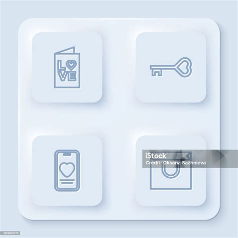 세트 라인 발렌타인 데이 파티 전단지 키 하트 모양 온라인 데이트 앱 및 채팅 및 쇼핑백 흰색 사각형 버튼입니다 벡터 3월에 대한 스톡 벡터 아트 및 기타 이미지 Istock