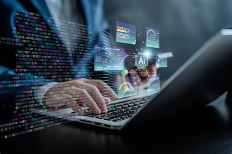 비즈니스 데이터 재무 마케팅 보고서 빅 데이터 분석 기술 가상 화면의 처리 복잡성 정보 흐름 기계 학습 인공 지능 Ml을 다루는 데이터 분석가 마케팅에 대한 스톡 사진 및