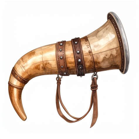 Antique Musical Horn With Leather Straps And Metal Fixtures In White Background Stock