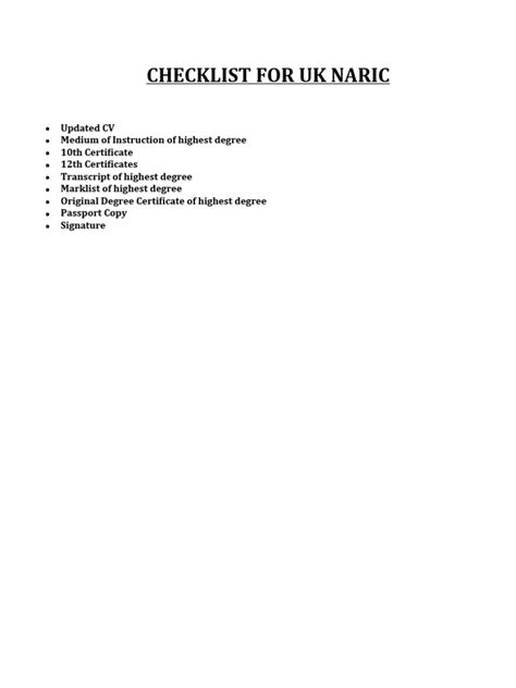 Checklist For Uk Naric Pdf