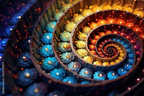fibonacci sequence represented by spirals of colorful dots stock
