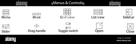 UI Icons Set For Menus And Controls Grid List Sidebar Menu Slider Toggle Switch Close Open