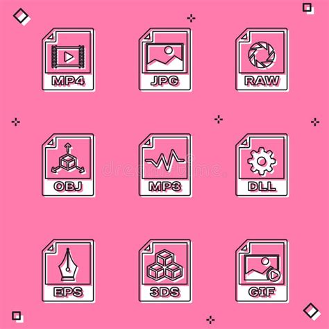 Set Mp4 File Document  Raw Obj Mp3 And Dll Icon Vector Stock