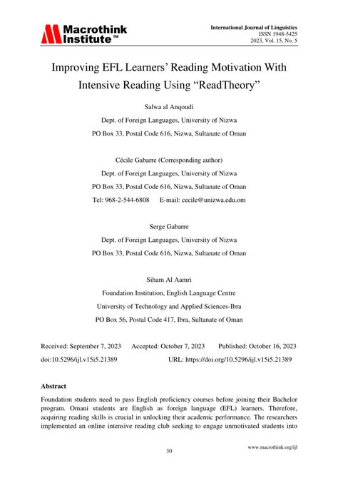 Pdf Improving Efl Learners Reading Motivation With Intensive Reading Using “readtheory”