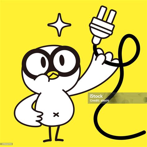 큰 안경을 쓰고 전기 플러그를 잡고 한 손을 엉덩이에 얹은 귀여운 새 블랙 아웃라인과 플랫 컬러로 그려진 미니멀리스트 스타일 콘센트에 대한 스톡 벡터 아트 및 기타 이미지