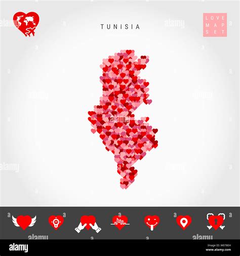 I Love Tunisia Red And Pink Hearts Pattern Map Of Tunisia Isolated On Grey Background Love