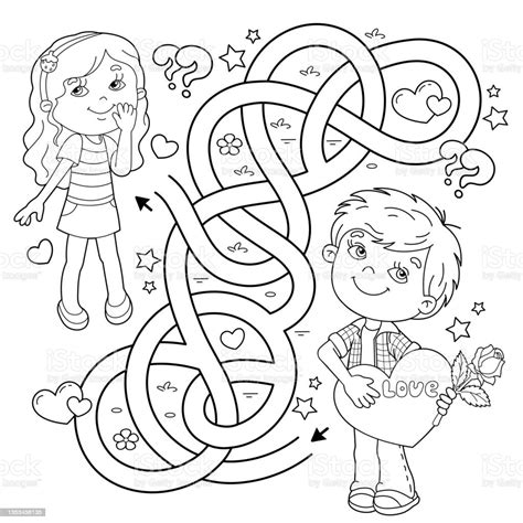 미로 또는 미로 게임 수수께끼 얽힌 도로 착색 페이지 윤곽선 만화 소년의 마음과 귀여운 소녀 발렌타인 데이 아이들을위한 색칠 공부책 밸런타인데이에 대한 스톡 벡터 아트 및