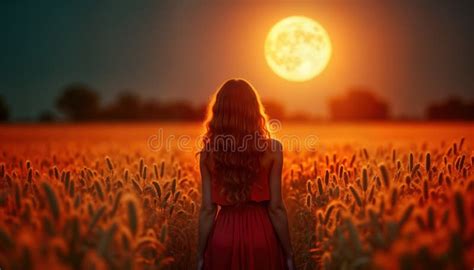 Woman Stands In Wheat Field At Sunset Blonde Hair Flows Red Dress