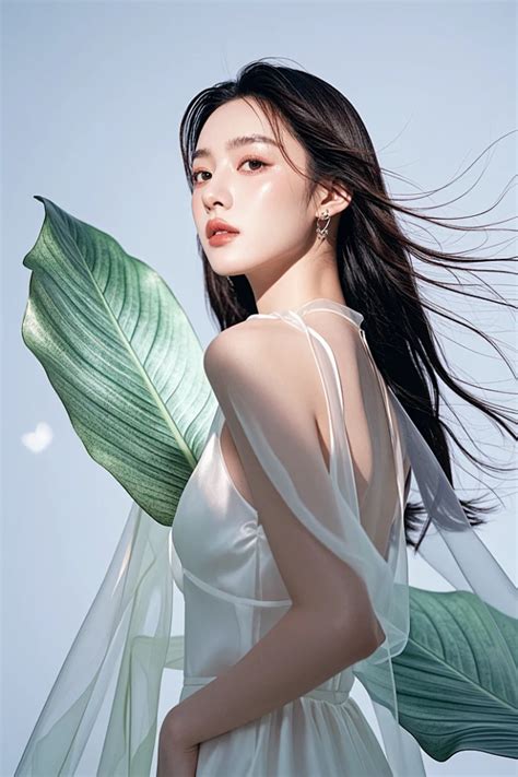 拍摄，美丽的全身模特，朦胧感，站在高大“透明”的玻璃树叶间，高级感，面部细节完美，人物细节精致，浅色飘逸的服装，半身肖像，大光圈，细腻的光泽，8k渐变半透明玻璃 4 花瓣网