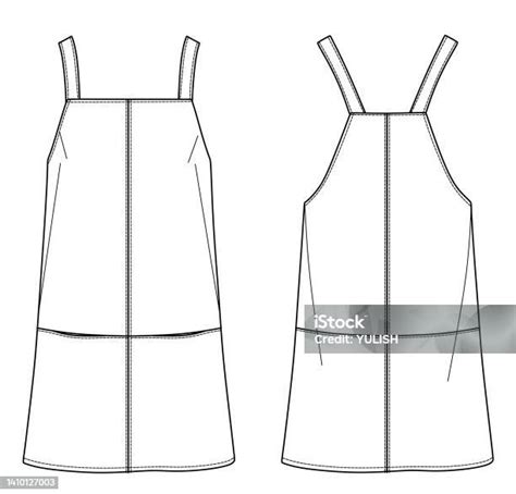 벡터 덩가리 드레스 패션 Cad 여성 미니 드레스 기술 드로잉 템플릿 플랫 스케치 모의 저지 또는 짠 직물 드레스 전면 후면보기