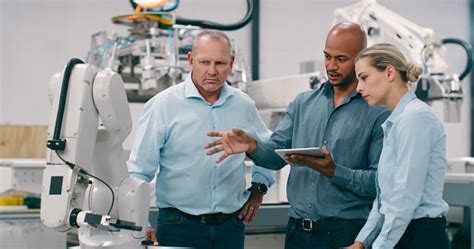 로봇 공학 공장의 엔지니어링 그룹 태블릿 및 프로그래밍 산업 분야의 사람 및 하이테크 혁신 로봇 소프트웨어 및 기계 학습의 자동화 협업 및 엔지니어 검사 로봇공학에 대한