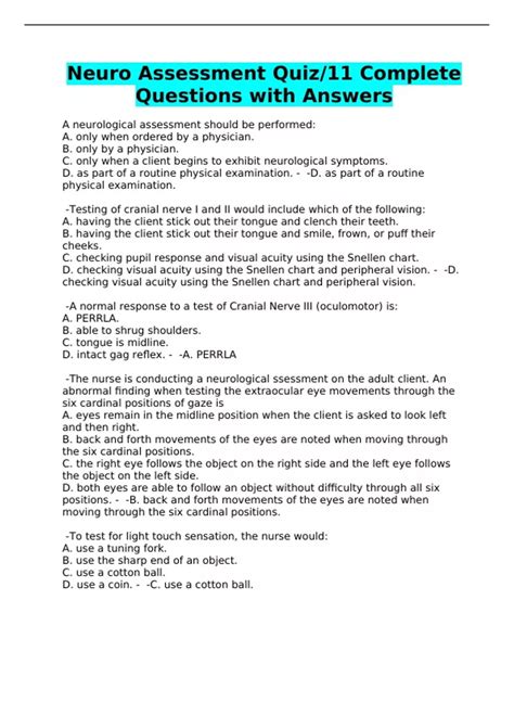 Neuro Assessment Quiz 11 Complete Questions With Answers Neuro