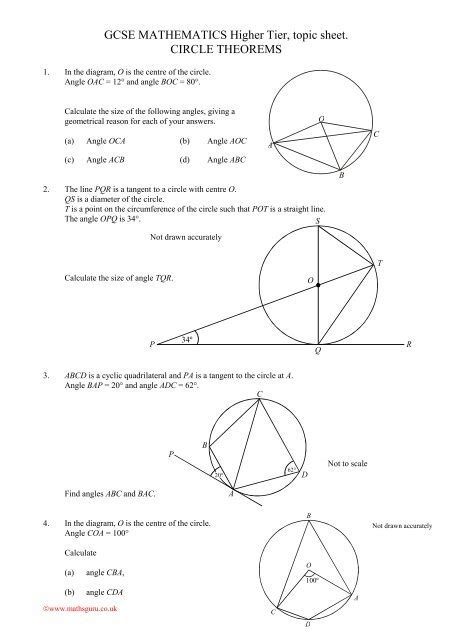 Gcse Mathematics Higher Tier Topic Sheet Circle Theorems